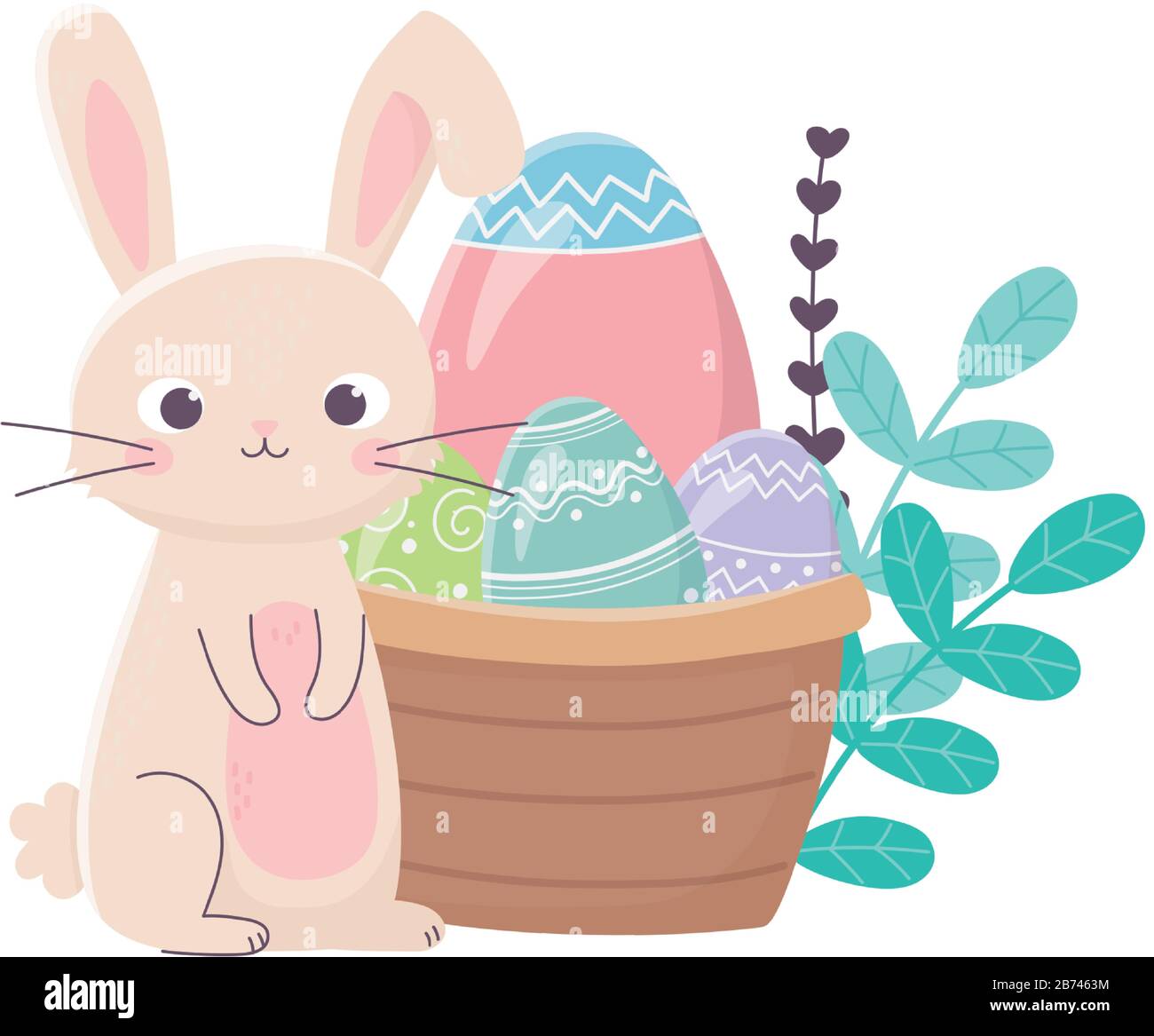 happy easter day, adorable rabbit eggs flowers leaves foliage basket ...