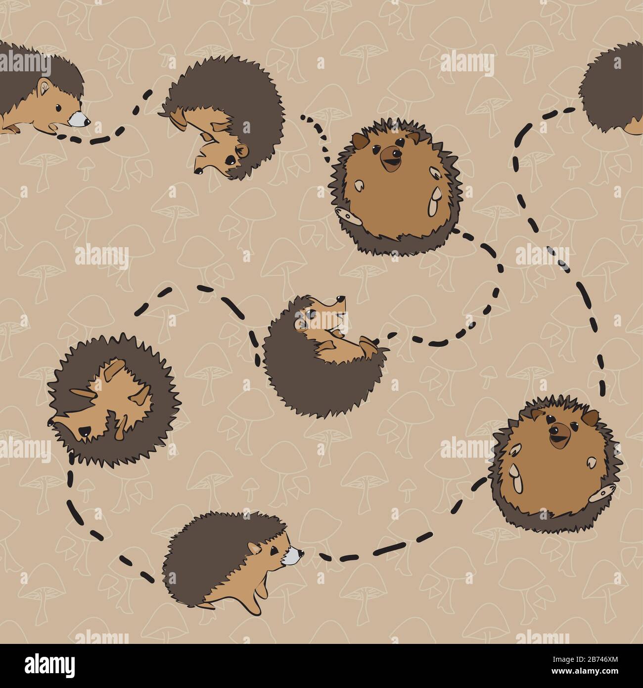 Hedgehog rolling and playing with subtle mushroom background seamless ...