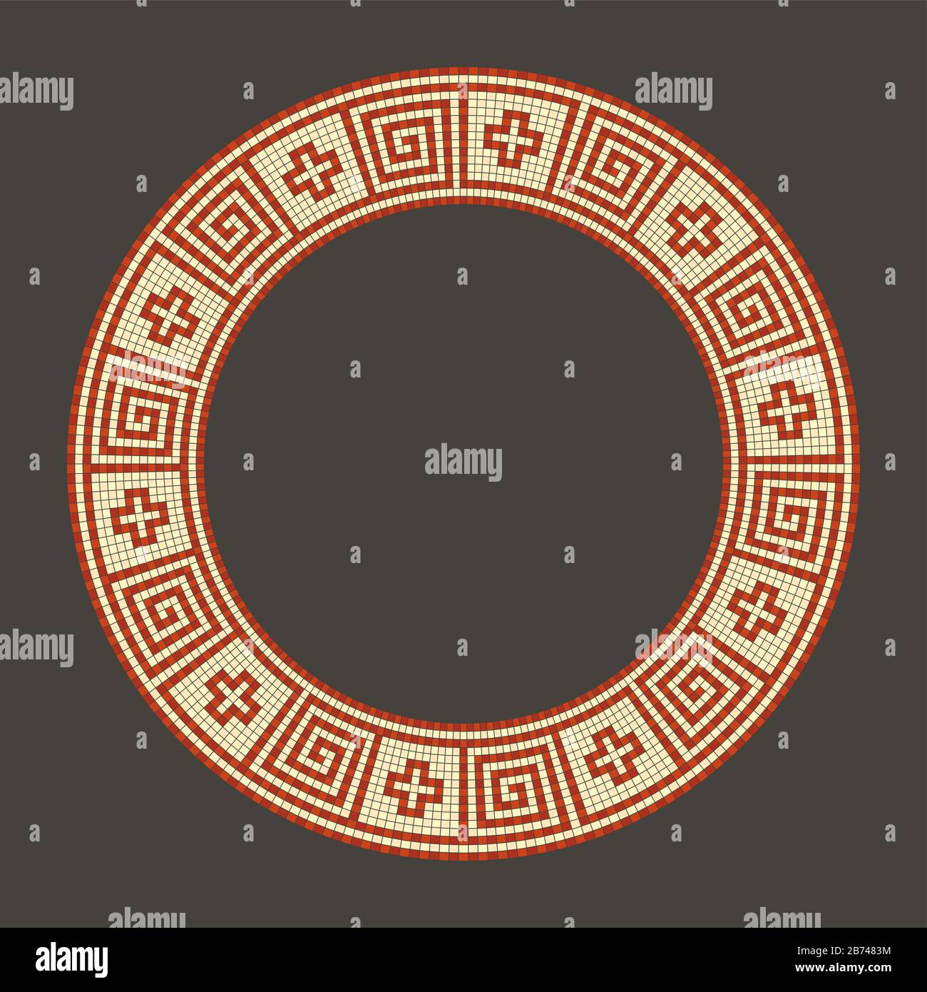 Meander mosaic pattern, terracotta colored circle shaped frame ...