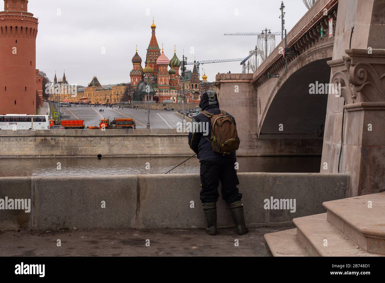 Moscow, Russia - January 7, 2020: A fisherman catches fish in the ...