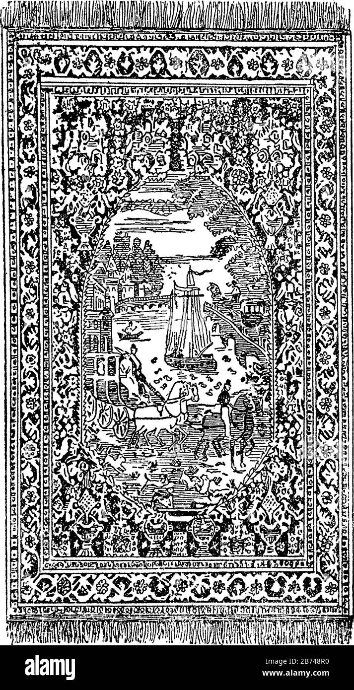 Ispahan Rug are representing a royal pageant, vintage line drawing or ...