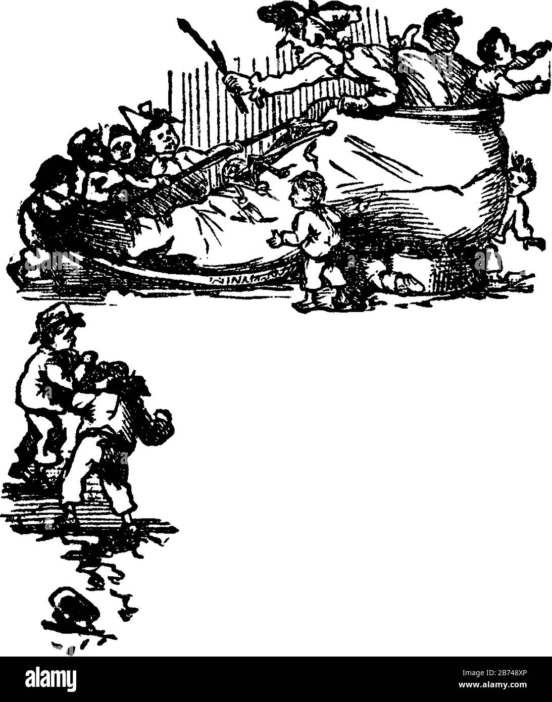 An old lady with children inside shoe, She scolding children with stick ...