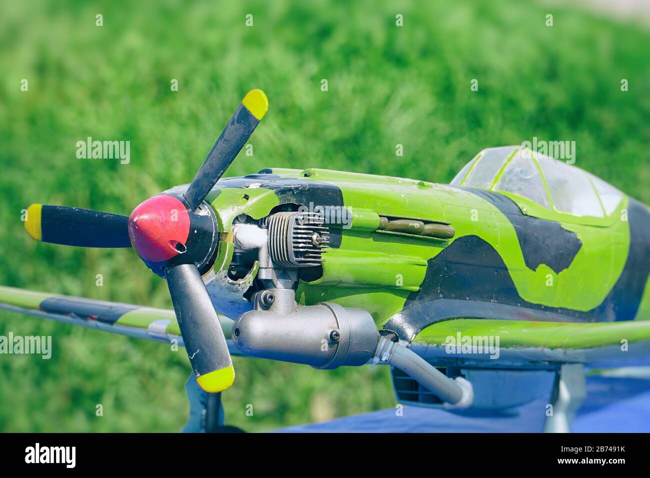 The model airplane is handcrafted with a propeller on radio control ...