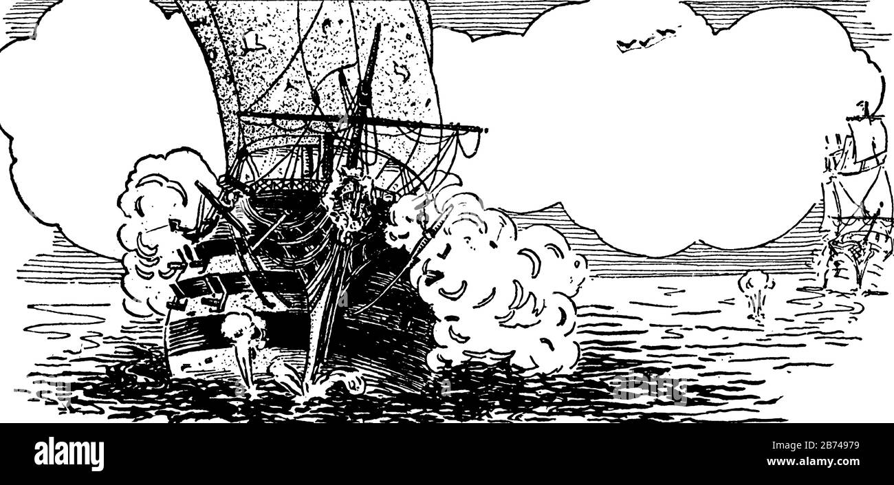 Ships in the water, vintage line drawing or engraving illustration ...