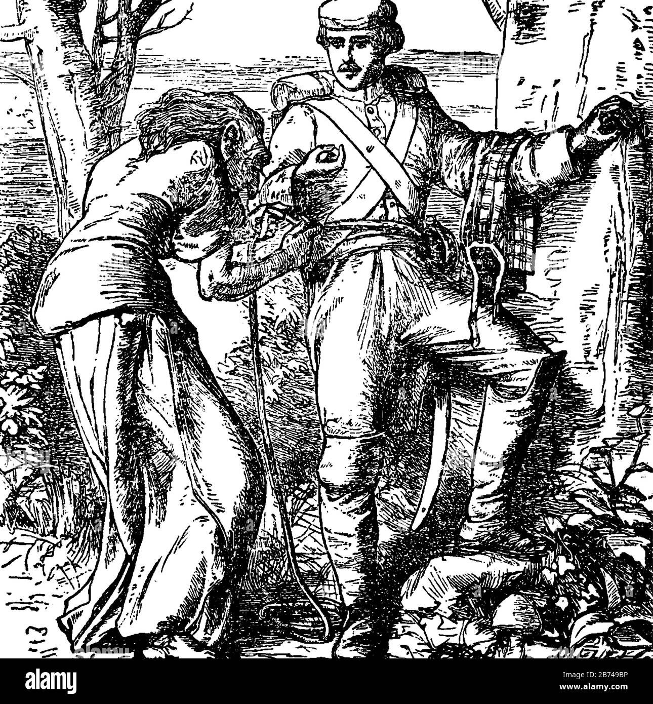 A soldier standing near tree and speaking to old man with stick near ...