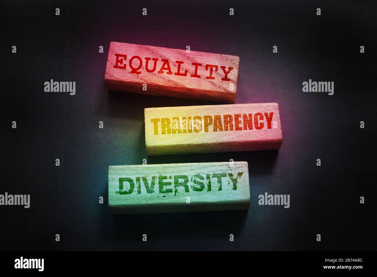 Equality transparency diversity words on wooden blocks in colorful red ...