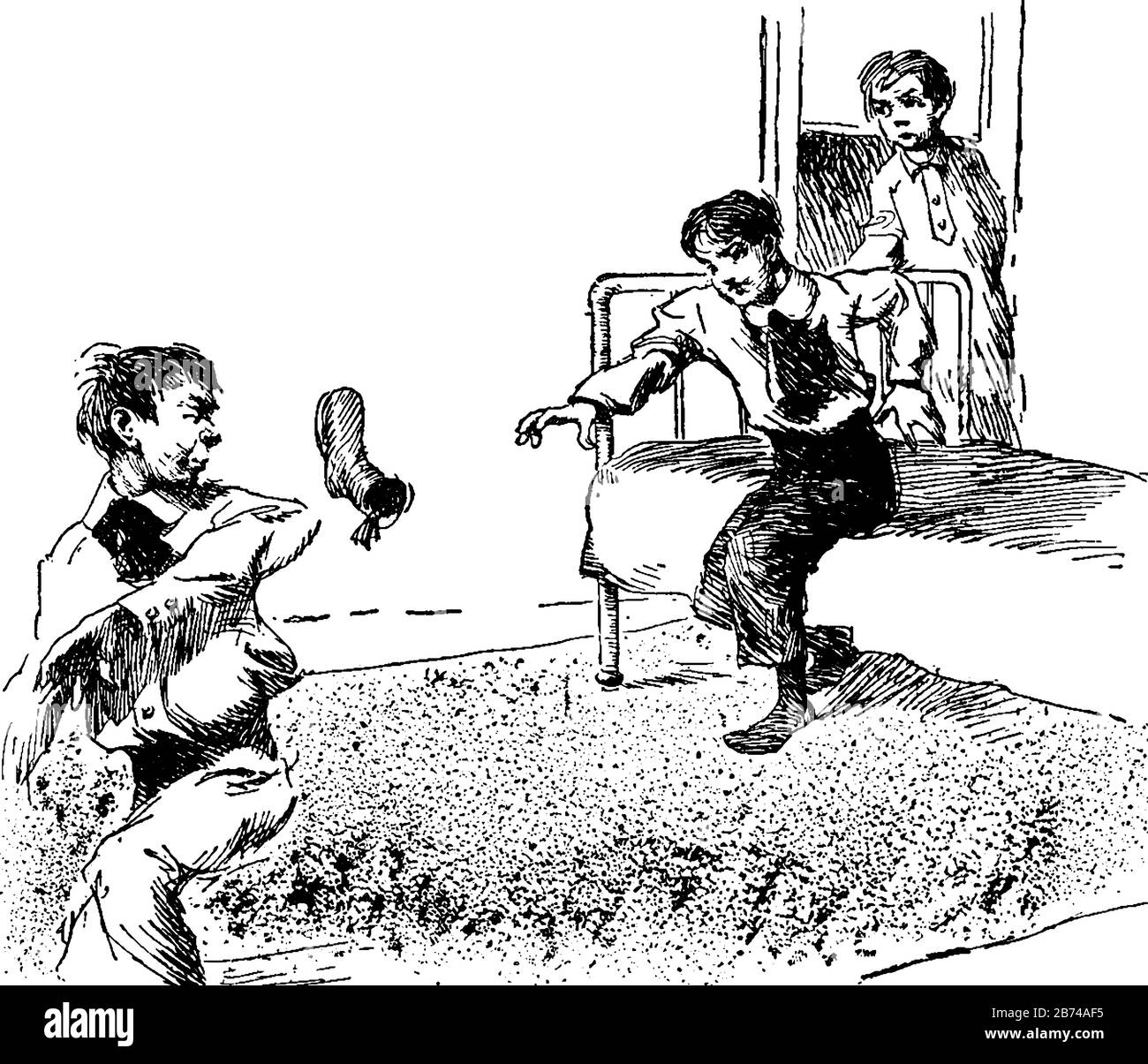 Three children, a child running behind another child, shoe in the air ...