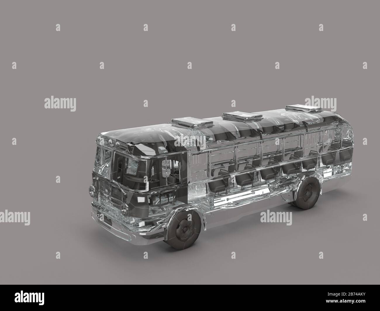 3d render of a transparent bus model with black seat and tyres in grey ...