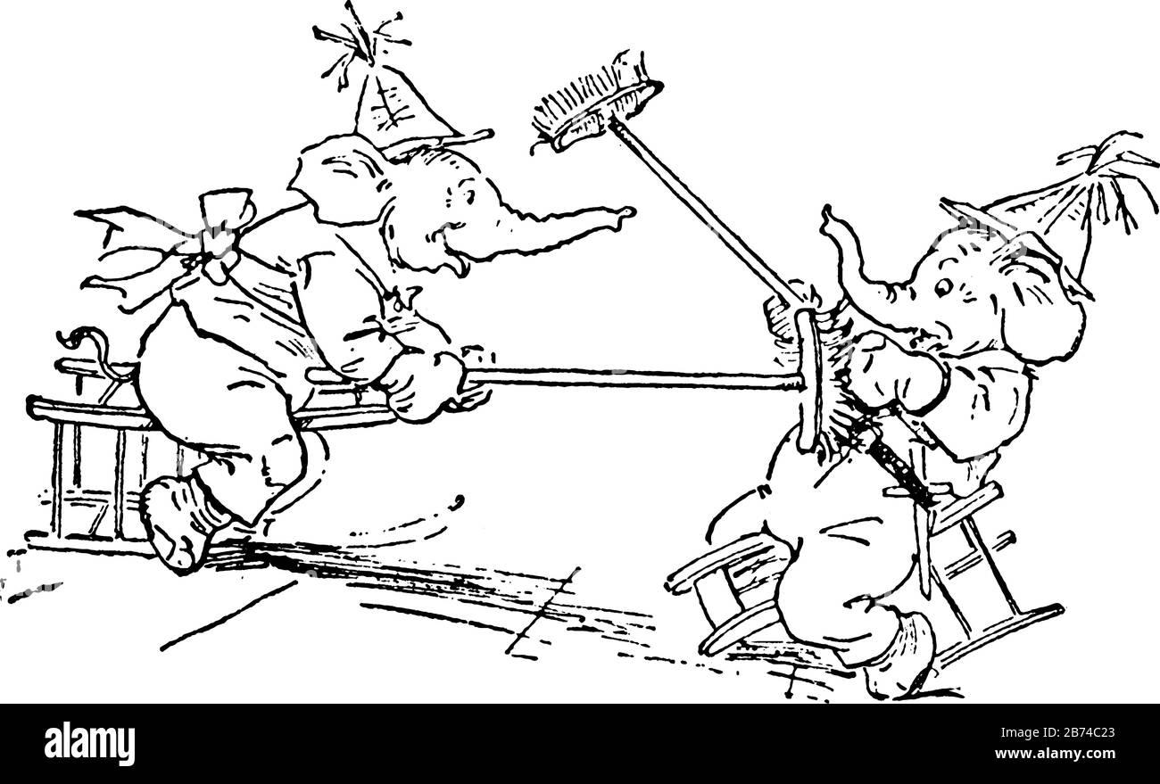 Two elephants in human dresses playing with sweepers, vintage line ...