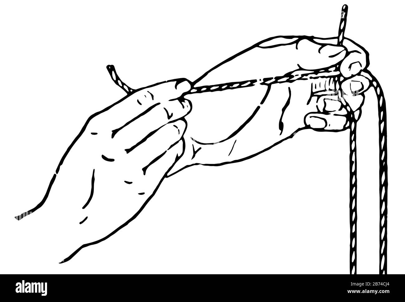 Hands tying knots with string, vintage line drawing or engraving ...
