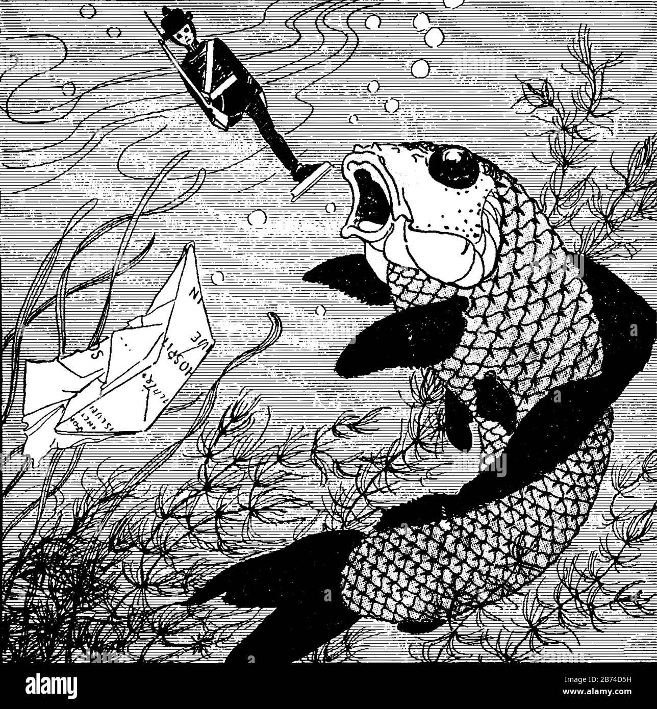 A fish, paper boat, and tin soldier with one leg in the water, vintage ...