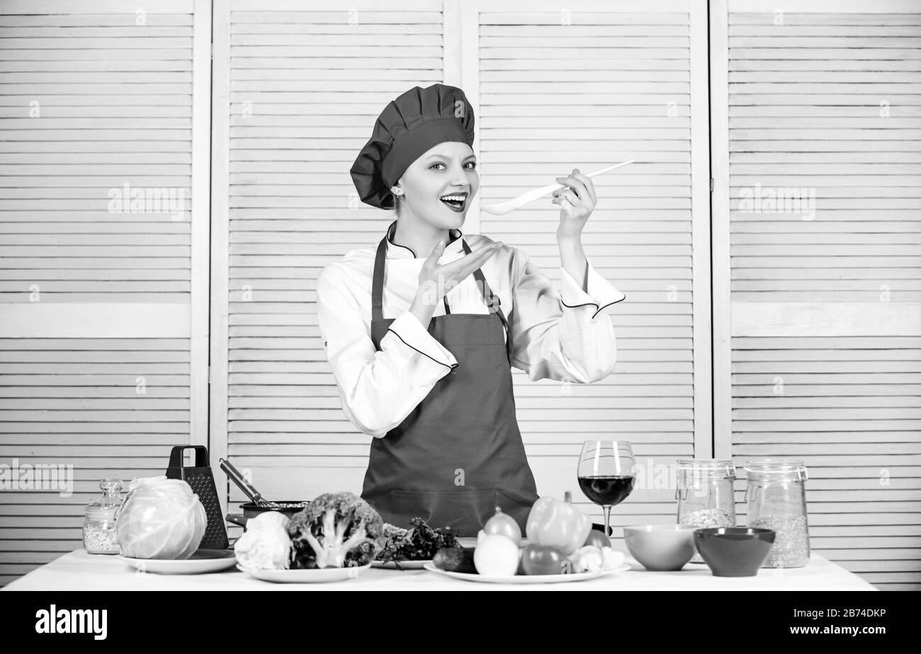 Try delicious meal. Healthy ration. Woman professional chef hold spoon ...