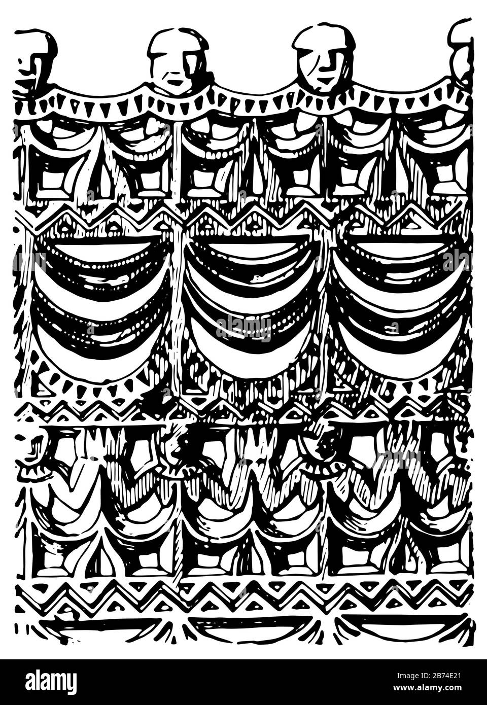 Paddle Handle Detail of carved wood paddle handle, vintage line drawing ...