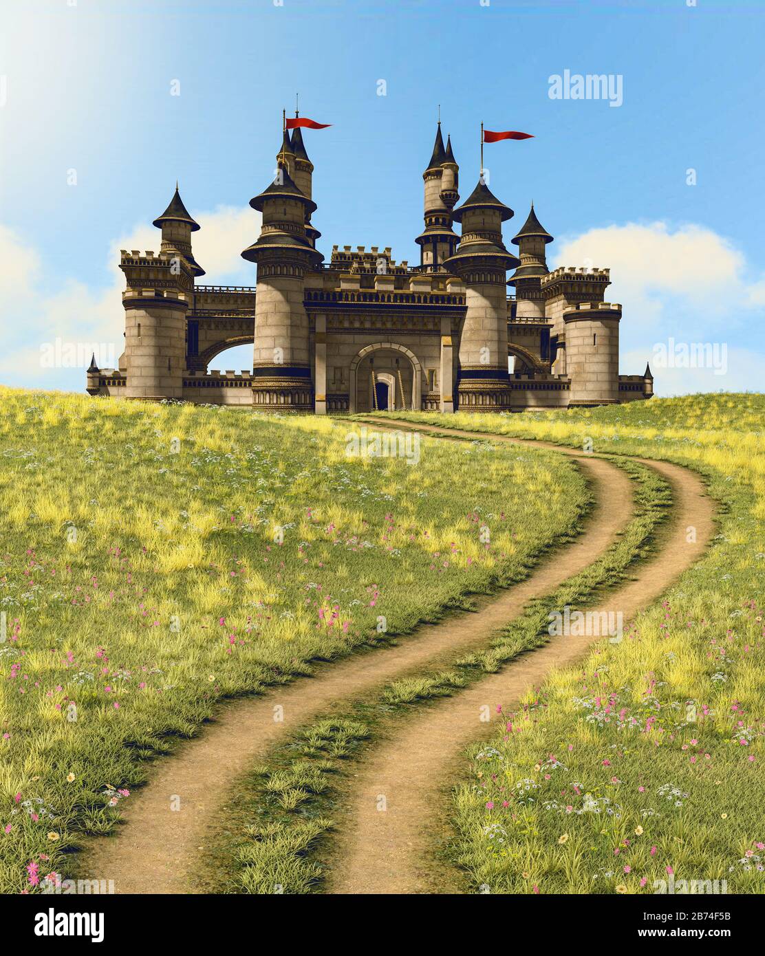 Path leading to a enchanting princess fairy tale castle towering on top ...
