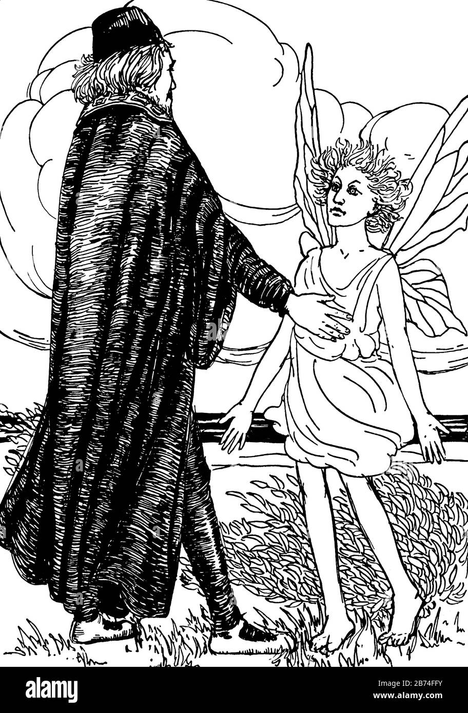An old man with an angel standing in front of him, vintage line drawing ...