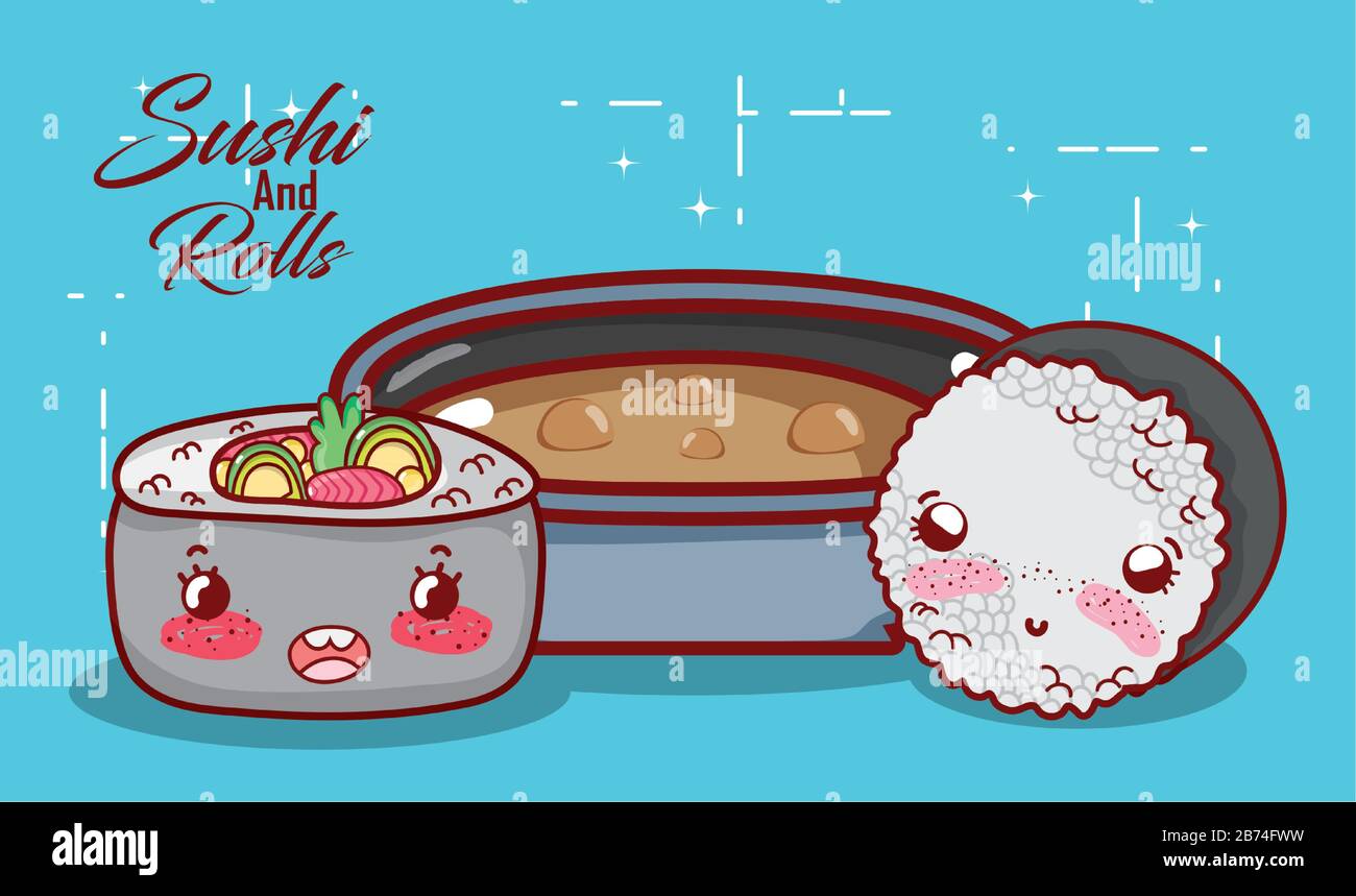 kawaii ramen soup and rice roll food japanese cartoon vector ...