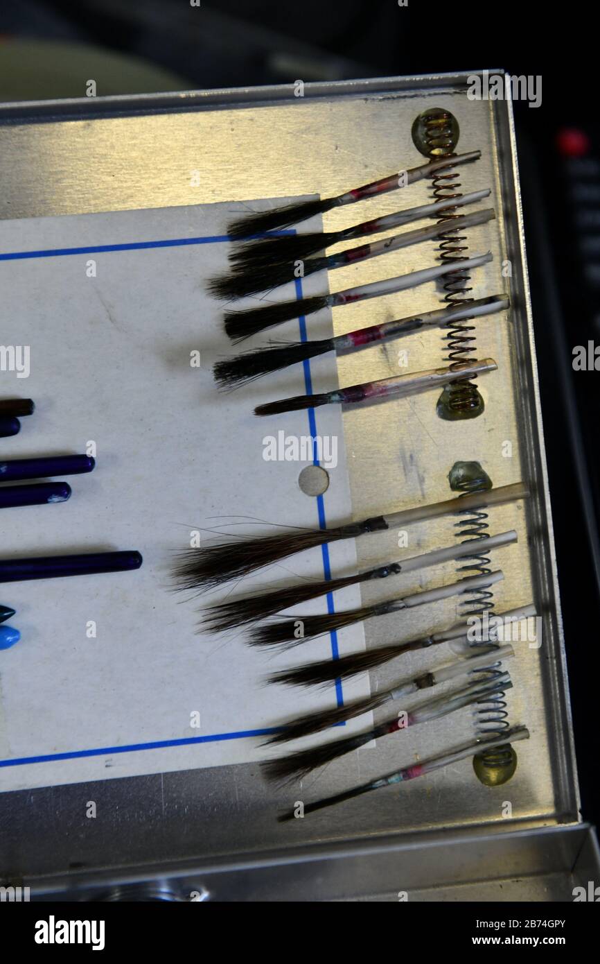 Pinstriping motorcycle gastank, Germany, city of Wiesbaden, 10. March ...
