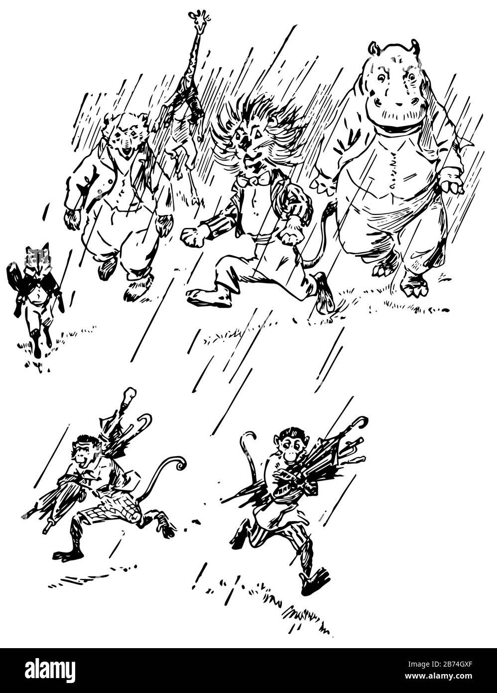 Two monkeys holding umbrellas and running, other animals running behind ...