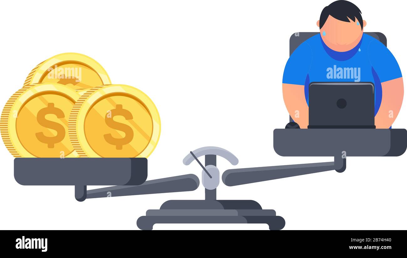 Cartoon programmer makes code on computer, making money balance on the ...