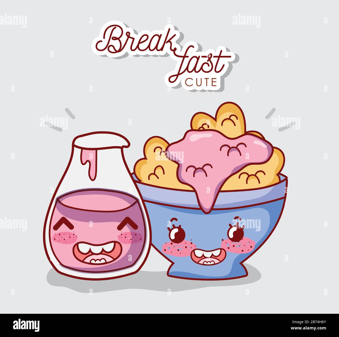 Breakfast Cute Bowl With Cereal Yogurt Bottle Cartoon Vector