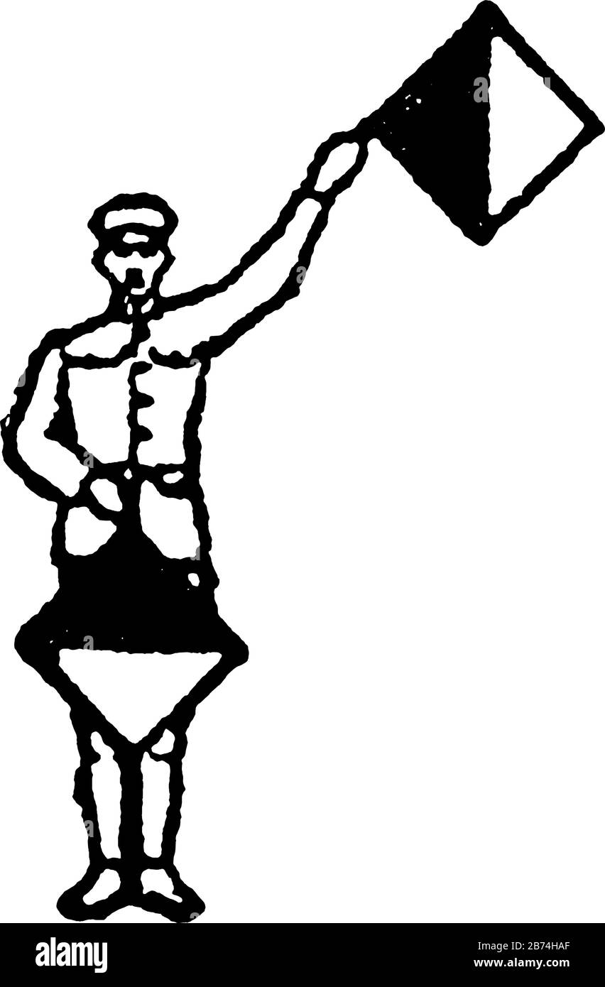 Flag signal, signal for the letter E, or number 5, a man two flags ...
