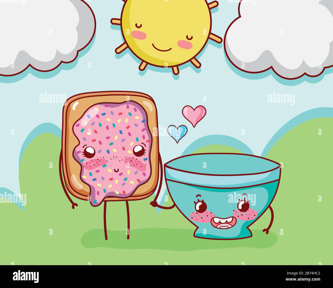 breakfast cute bread with jam and bowl in the park cartoon vector ...