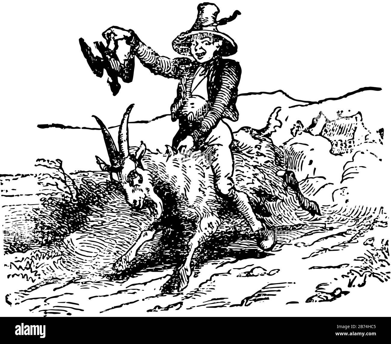A man riding on back of goat, vintage line drawing or engraving ...