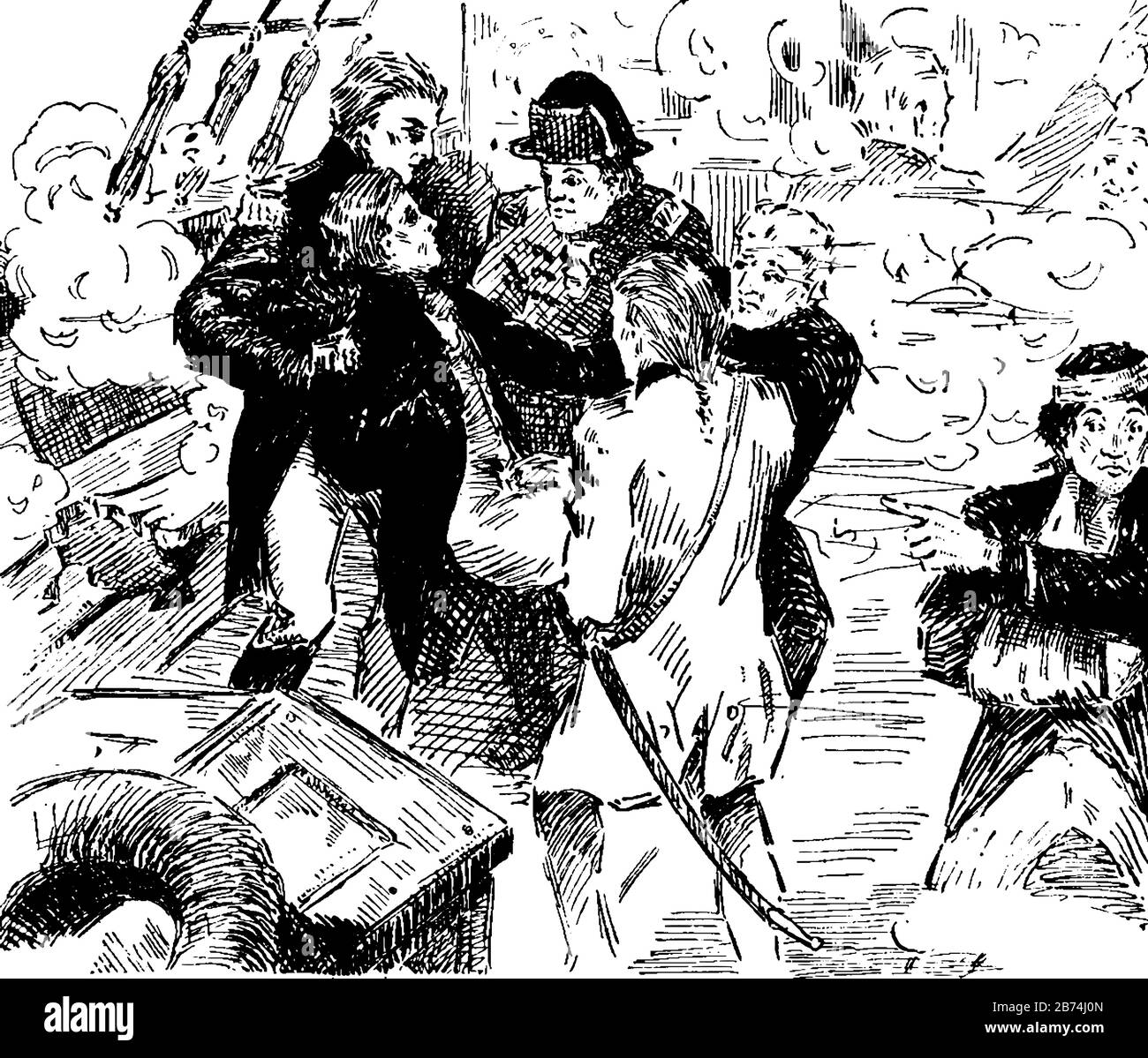 Four people holding a man, vintage line drawing or engraving ...