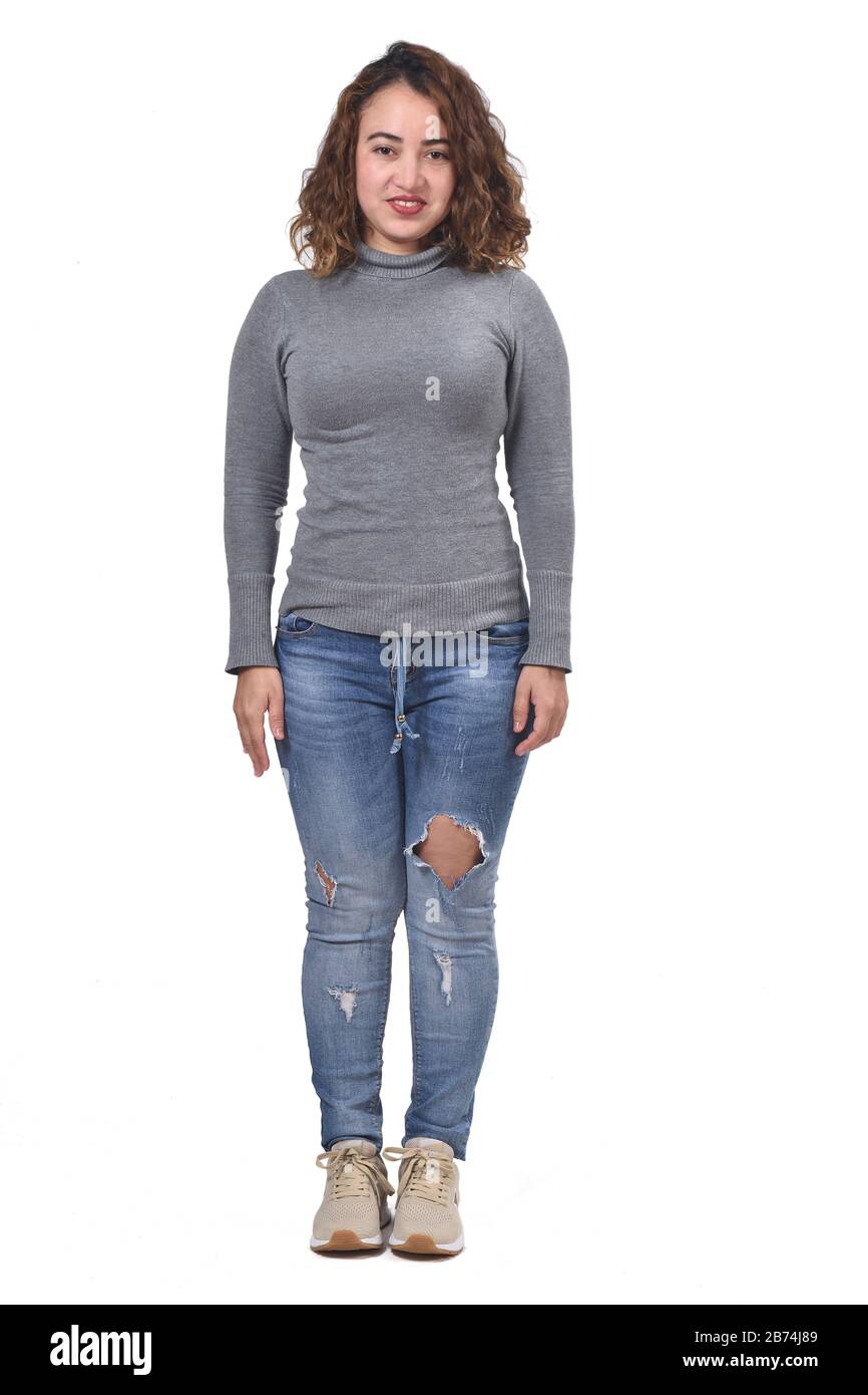 full portrait of woman standing on white background Stock Photo - Alamy
