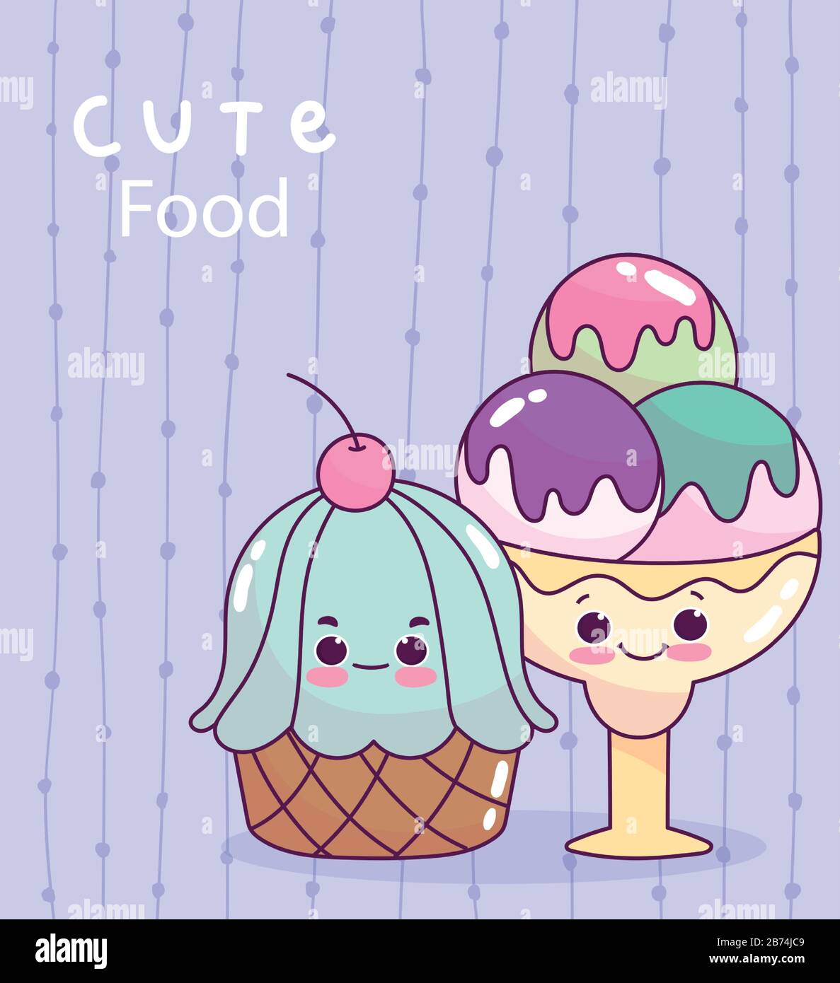 cute food ice cream scoops and cupcake sweet dessert pastry cartoon ...