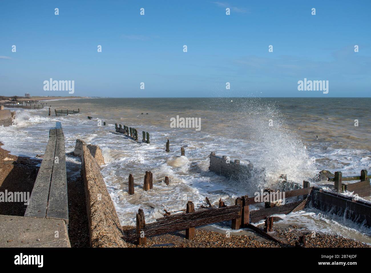 Climping Beach, West Sussex, England, Recent storm damaged sea defence ...
