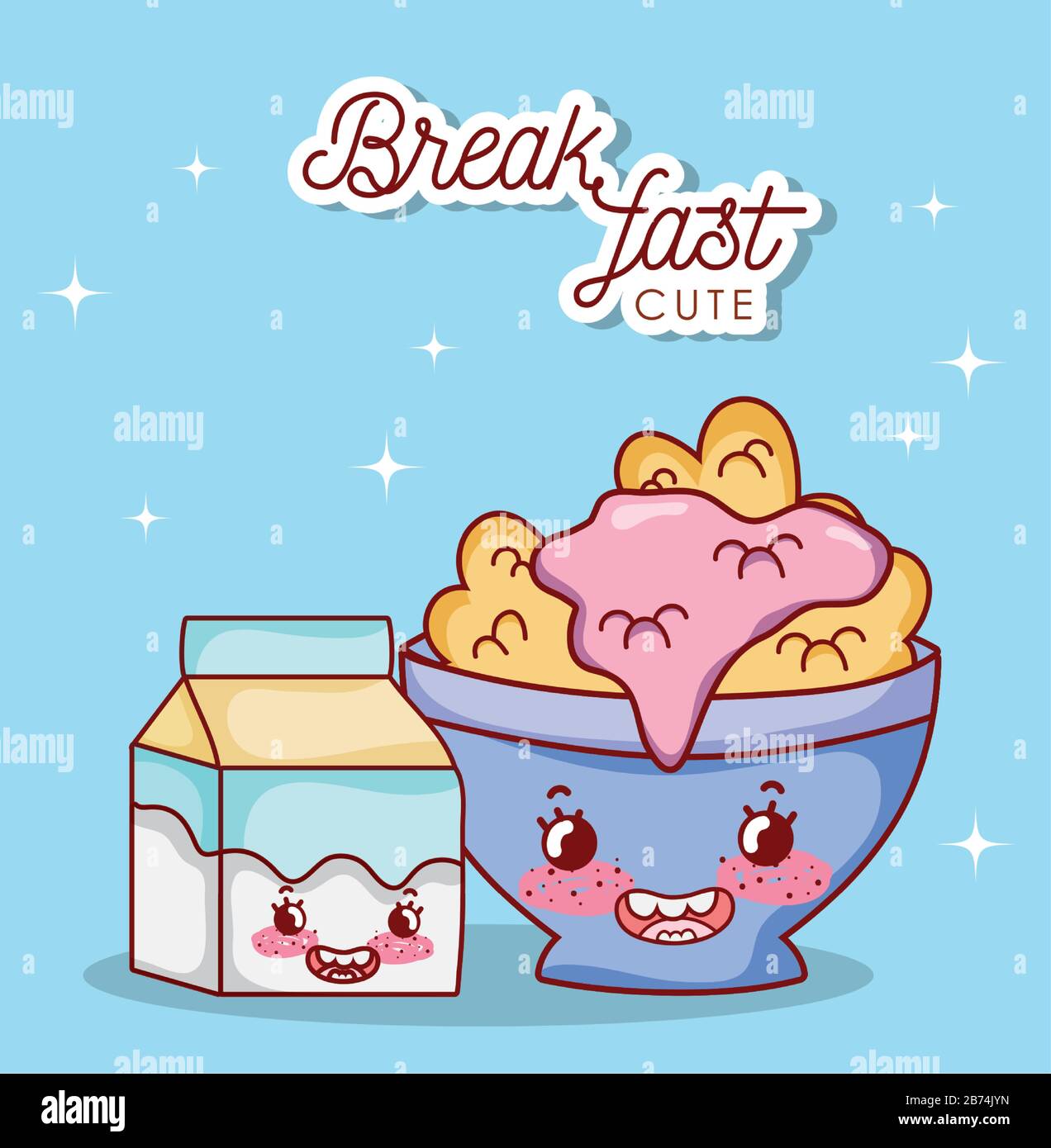 Breakfast Cute Bowl With Cereal Yogurt And Milk Box Cartoon Vector