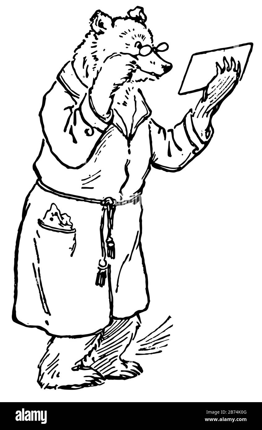A bear in human dress reading paper with eyeglass, vintage line drawing ...
