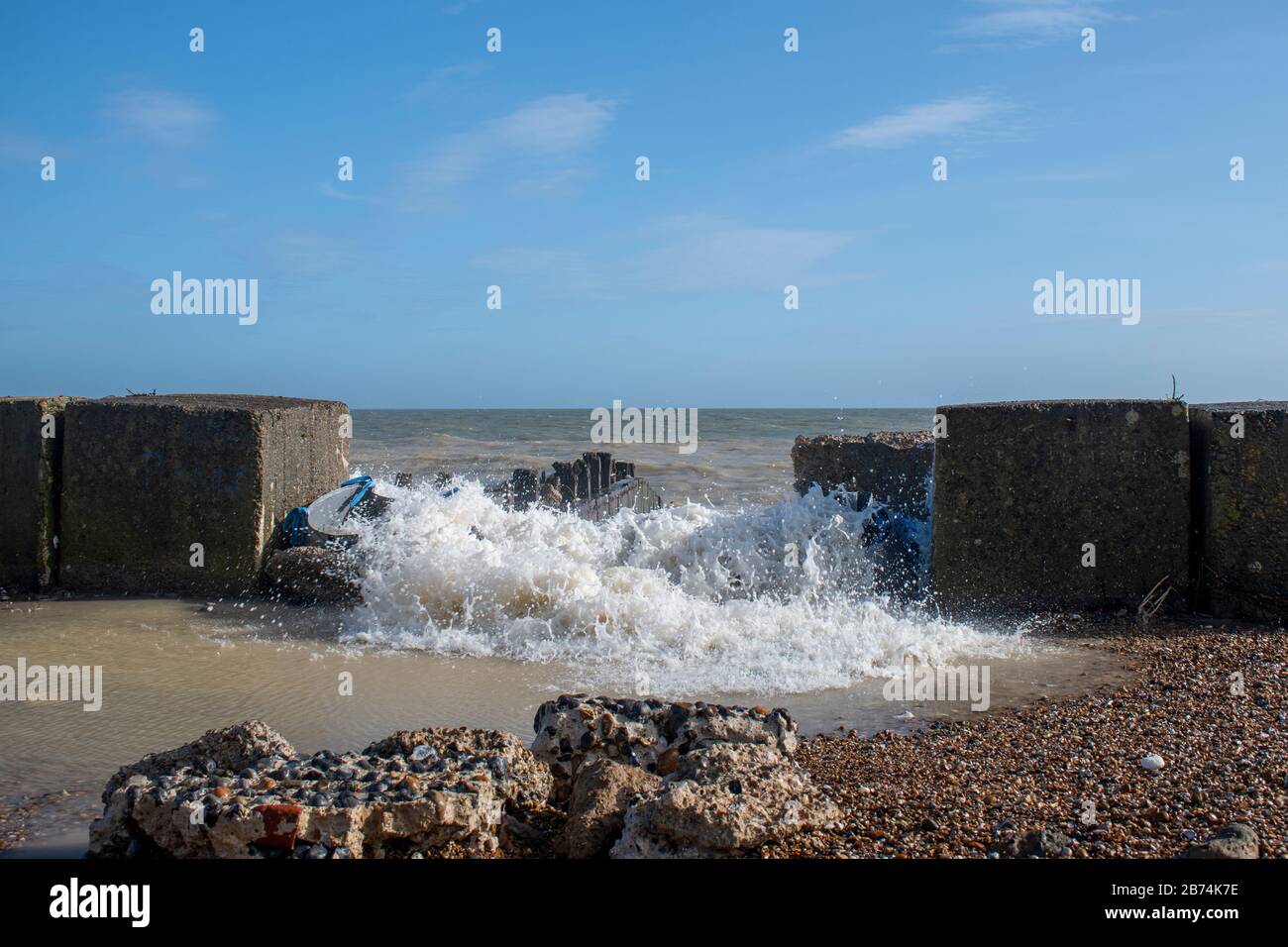 Climping Beach, West Sussex, England, Recent storm damage caused a gap ...