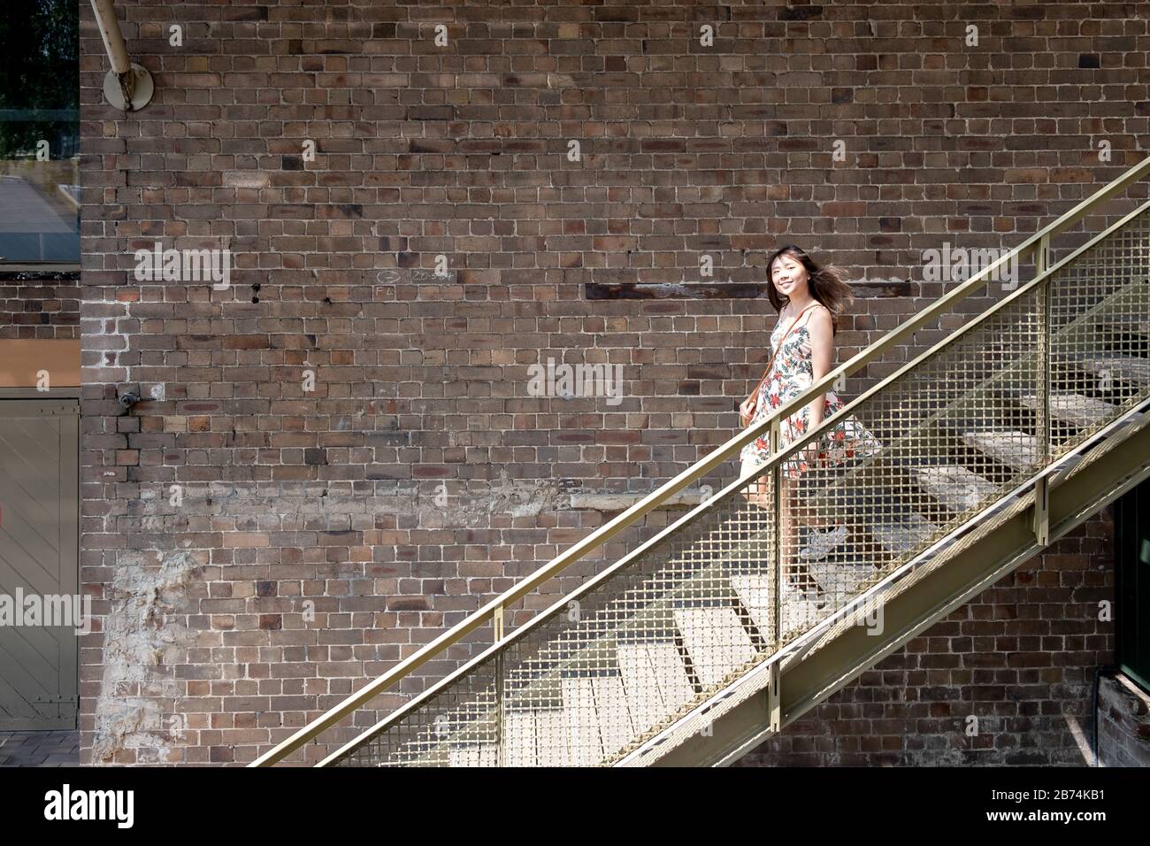 Single female Asian climb staircase beside brick wall Stock Photo - Alamy