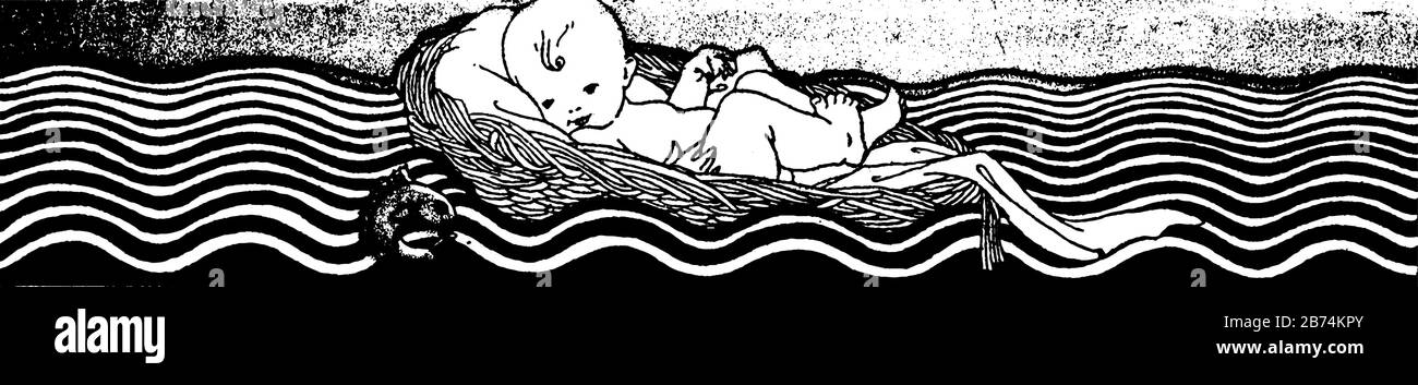 A baby floating on water, vintage line drawing or engraving ...