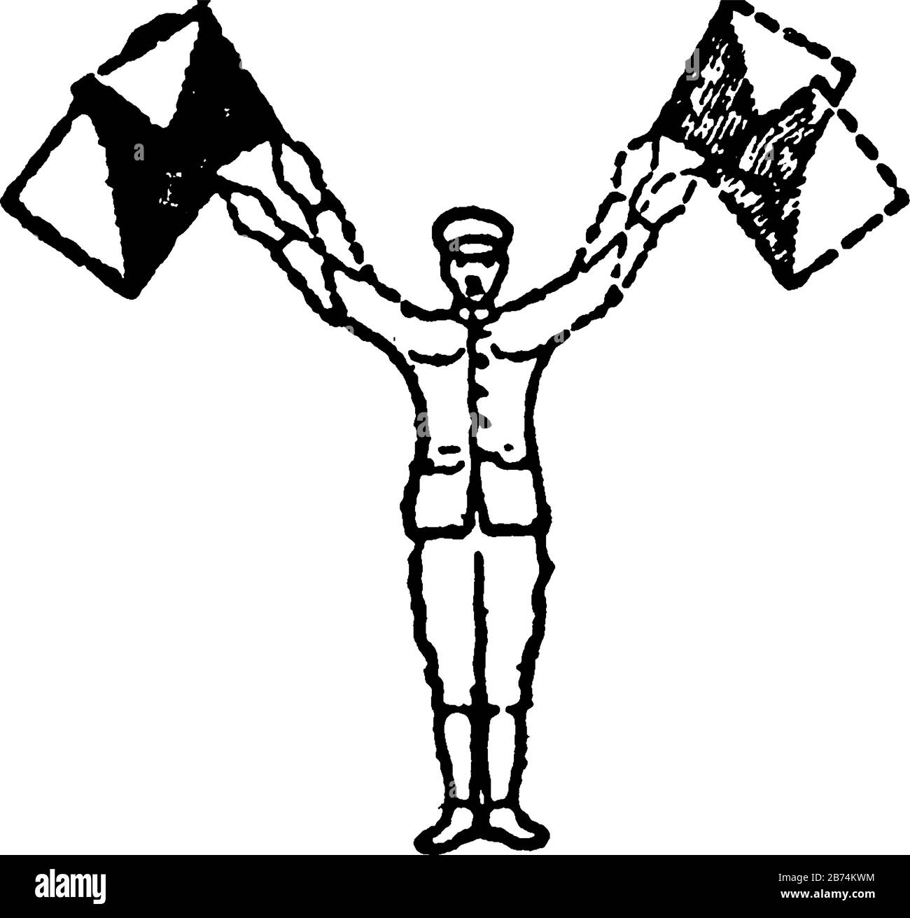 Signal for attention, man holding two flags, waving in the air, to get ...