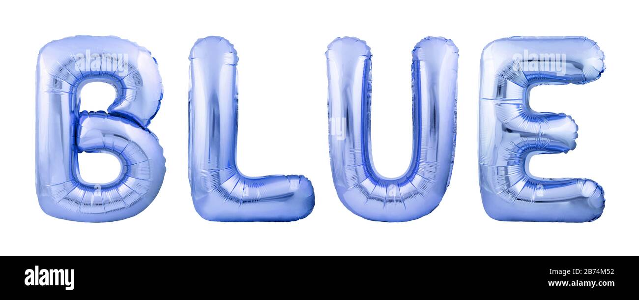 BLUE word made of inflatable balloon isolated on white background Stock ...