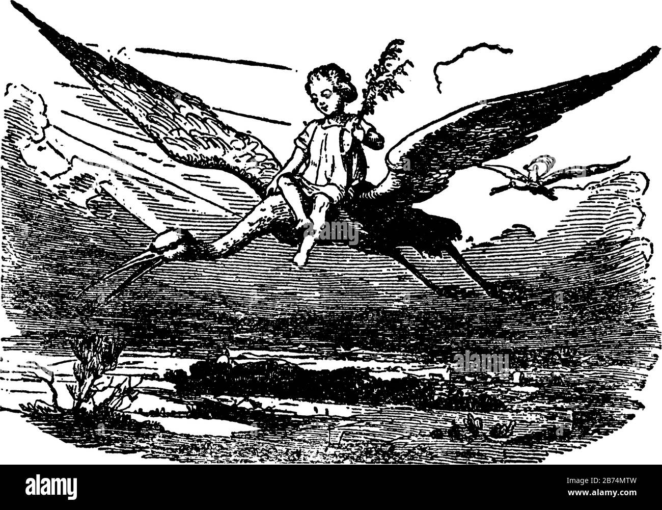 A child riding on back of stork bird, vintage line drawing or engraving ...