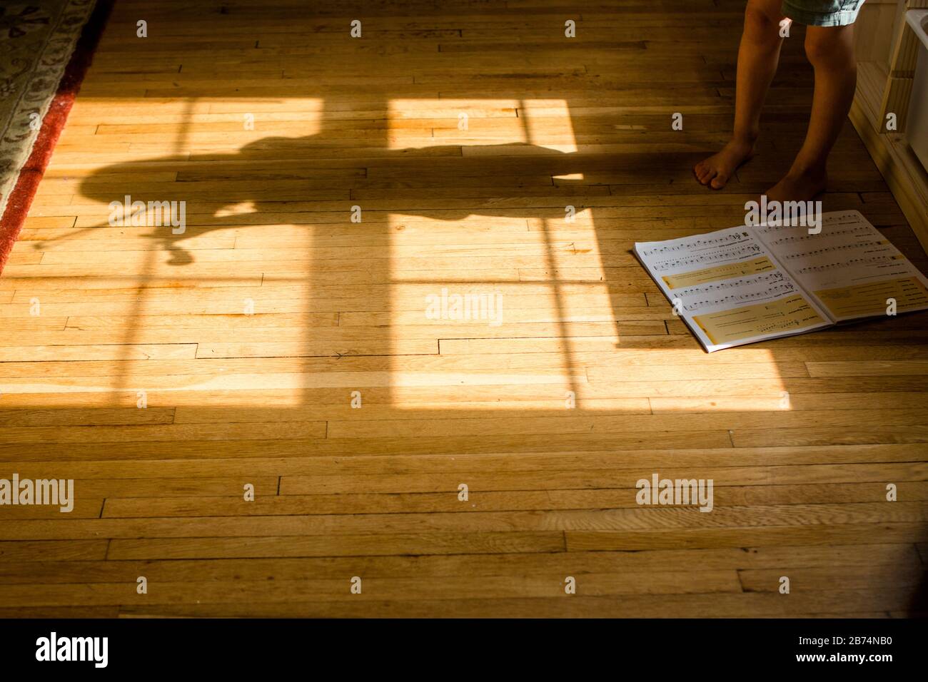 The shadow of a small child playing violin with open music book Stock ...