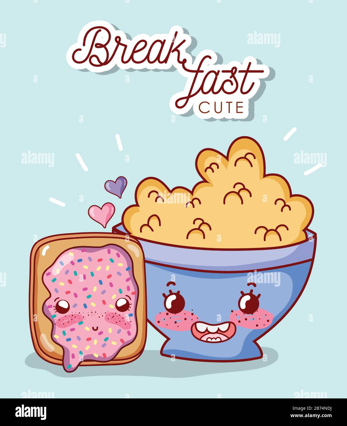 breakfast cute cereal in bowl and bread with jam cartoon love vector ...