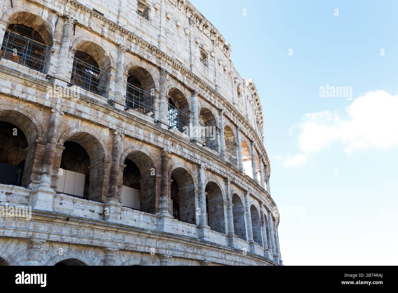 The Colosseum on the reconstruction is illuminated by the summer sun ...