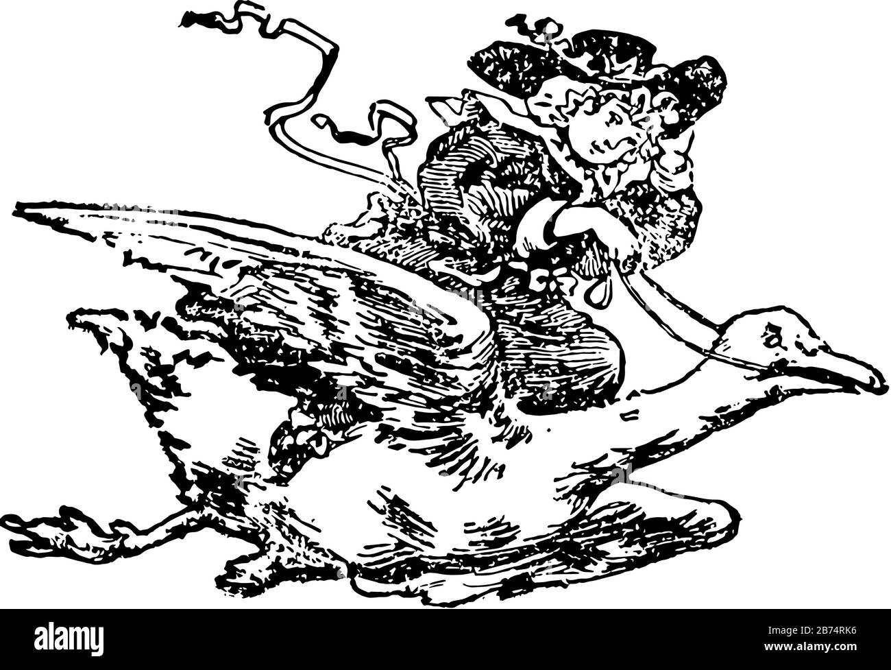 A little girl riding on back of goose bird, vintage line drawing or ...