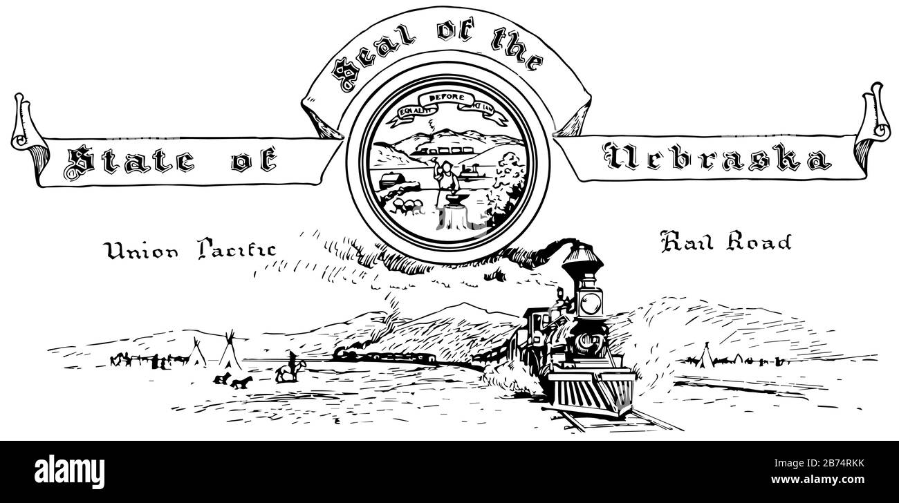 The United States seal of Nebraska, this seal has circle on middle with ...