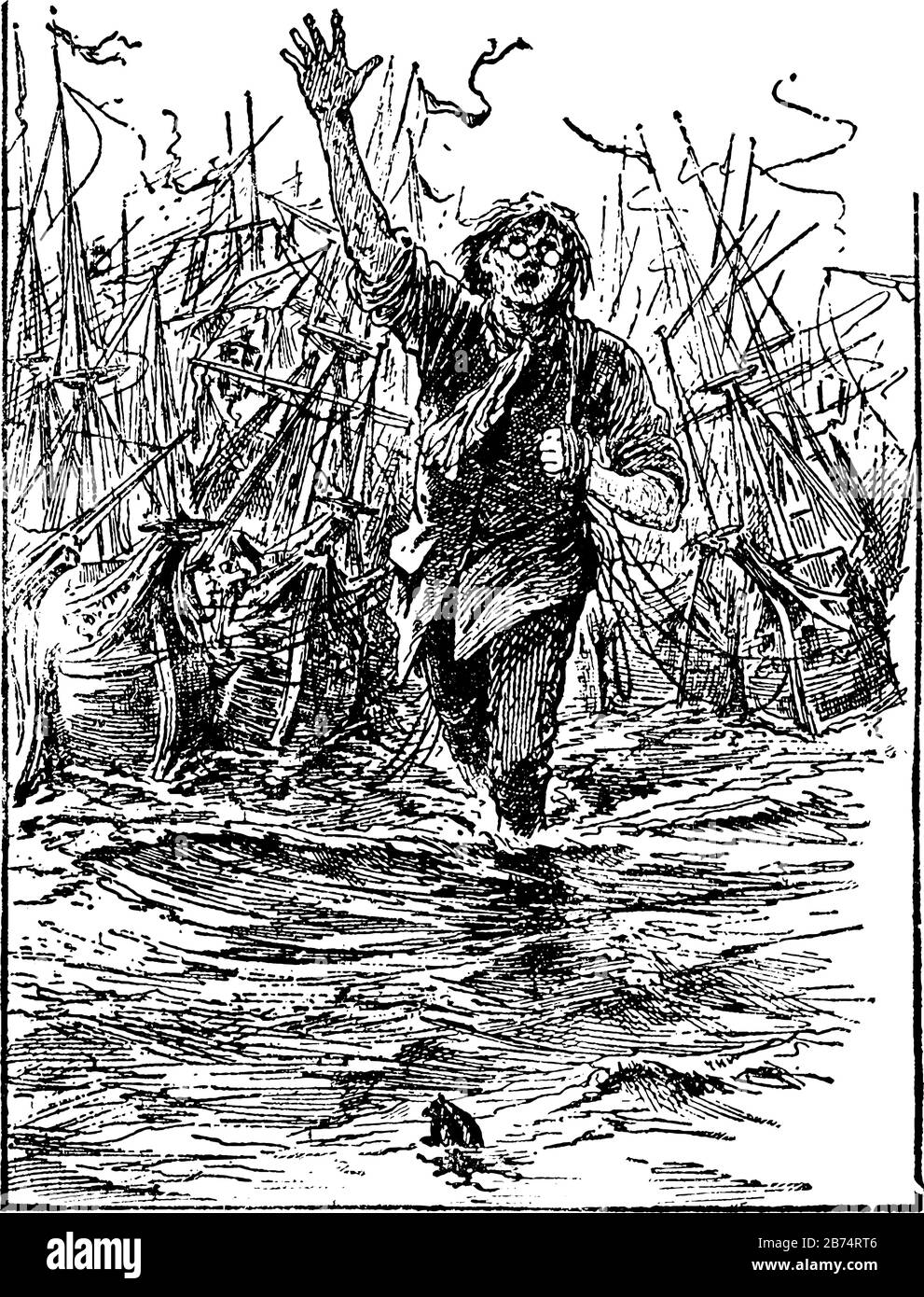 Giant in the Sea, a giant man walking in the ocean, ships in background ...