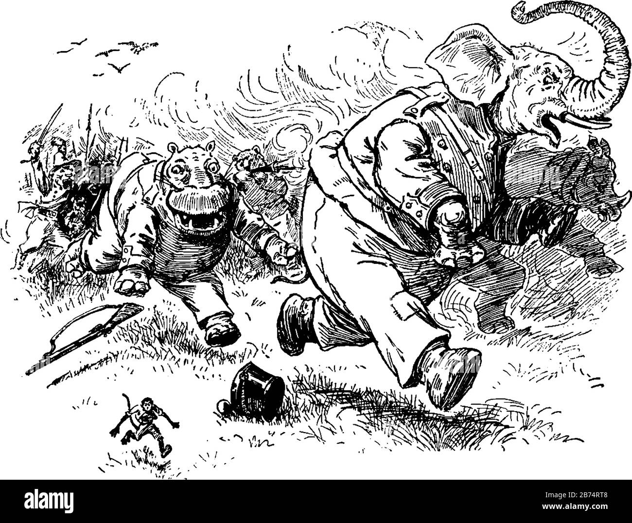 An elephant, hippo and monkey running, another animals with swords ...