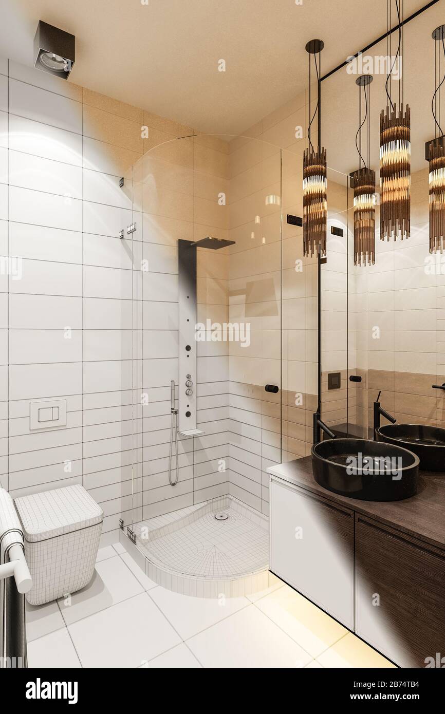 3d render interior design of the bathroom with a corner shower Stock ...