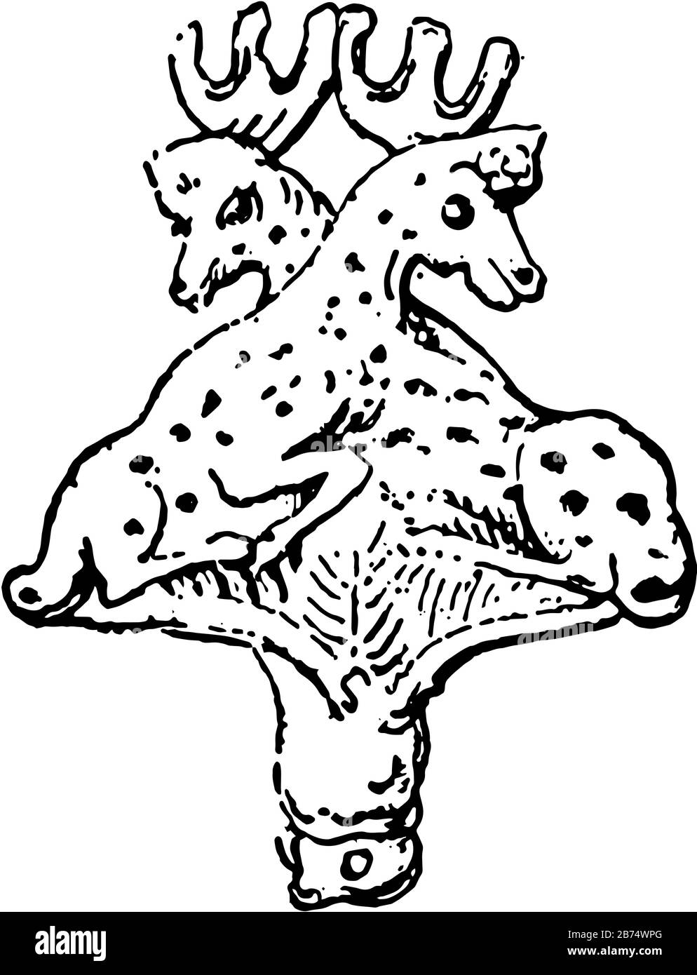 Pinhead formed of two stags lying down, vintage line drawing or ...