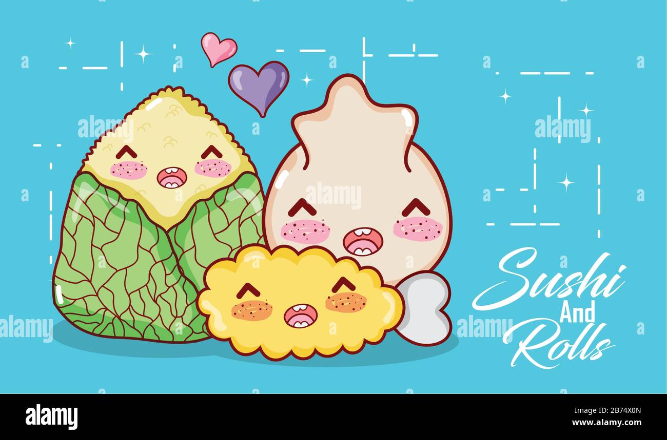 kawaii tempura dumpling and rice cake food japanese cartoon vector ...