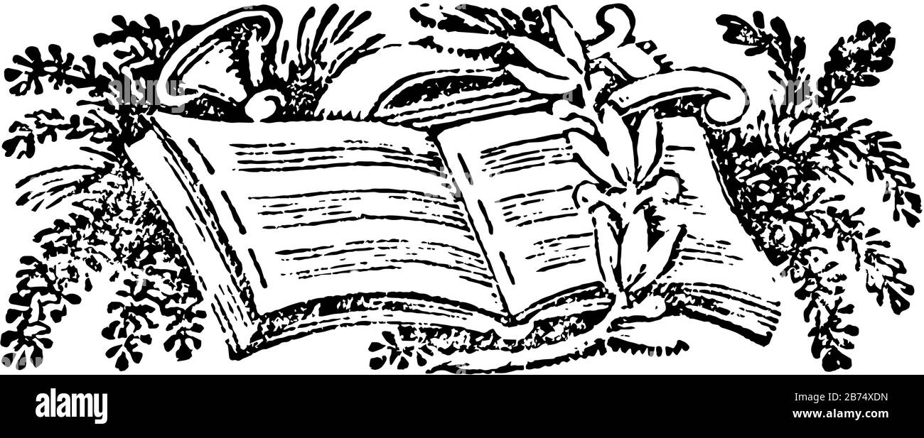 Book and plants or selection of Trees, Flowers, nature, vintage line ...